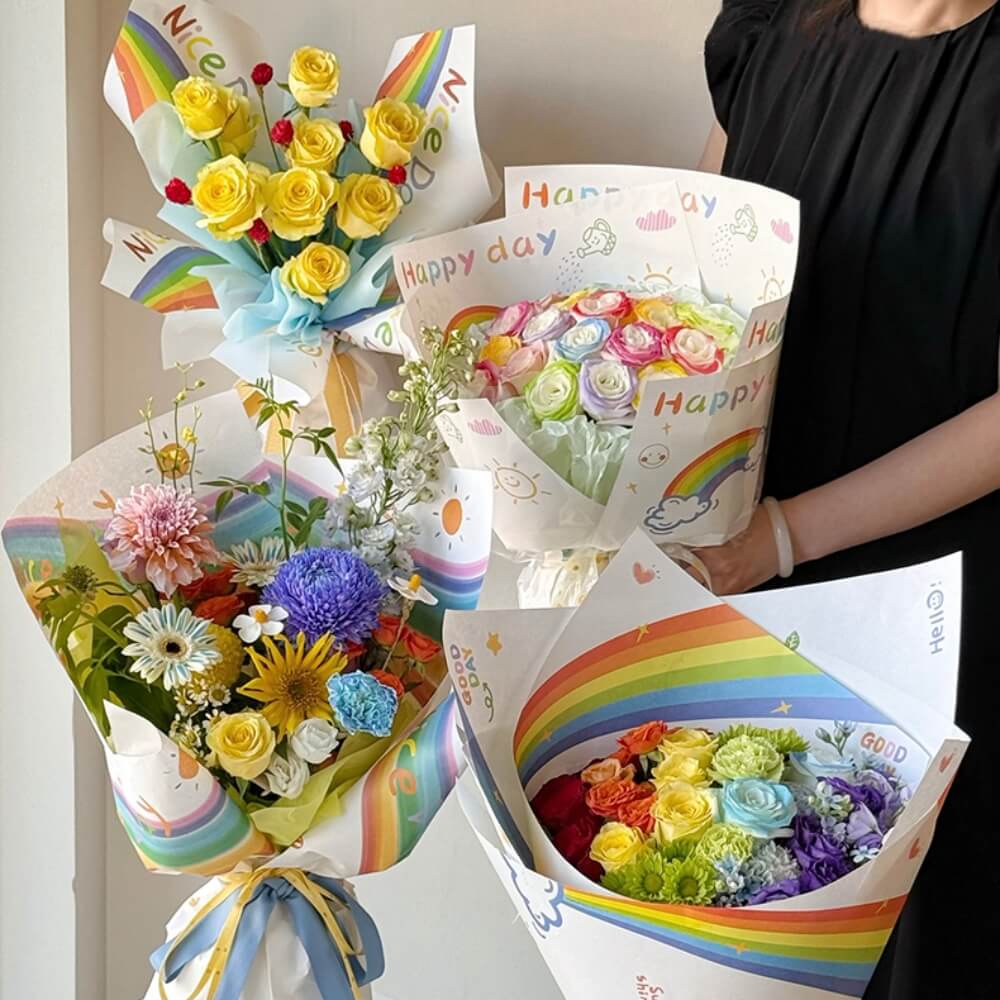 Korean Style Rainbow Doodle Flower Wrapping Paper for Bouquets, DIY Fl ...