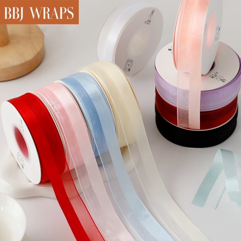 Half Satin Half Gauze Ribbon Flower Packaging Ribbon for Craft Supplie ...